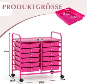 Costway Vozík s 12 stohovatelnými zásuvkami a amp; Úložná plocha – tmavě růžová