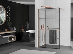 Mexen Kioto+, sprchová zástěna Walk-In s poličkou a věšákem 120 x 200 cm, 8mm čiré sklo černý vzor, ​​měděný matný profil, 800-120-121-65-77