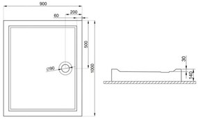 Polimat Kompaktní obdélníková akrylátová sprchová vanička Goliat 1 90x80 (100x80, 100x90, 120x80, 120x90) Barva: Bílá, Rozměry (cm): 100x90