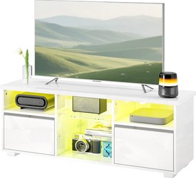 HOMCOM TV skříň 120 cm, TV stojan pro televize až do 55 palců s LED osvětlením a dálkovým ovládáním, bílé skleněné police