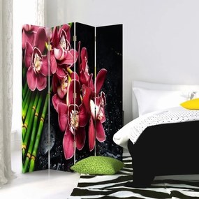 Ozdobný paraván, Orchidej s bambusem - 145x170 cm, čtyřdílný, obustranný paraván 360°