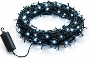 LED světýlka na baterie, venkovní, 10,2 m, ledově bílá, 100 diod, tmavě zelený kabel, IP44, 4× AA