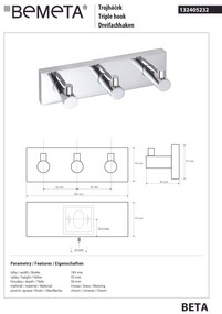 Bemeta Design BETA: Věšák, se 3 háčky -