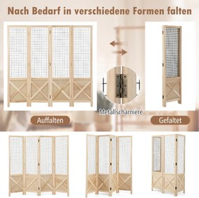 Costway Skládací zástěna dělicí příčka 4dílná příčka dřevěný rám – 151 × 144 cm