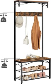 Předsíňový věšák s policí, úložným prostorem na boty a místem k sezení 80 x 32 x 178 cm, rustikální hnědá