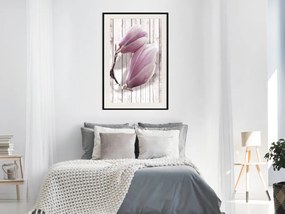 Plakát Provensálská magnólie - růžové květy na pozadí bílých dřevěných prken