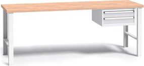 Pracovní stůl do dílny G3 se závěsným boxem na nářadí, buková spárovka, 2 zásuvky, pevné kovové nohy, 2000 mm, šedá