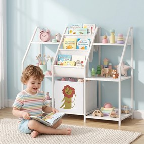 AIYAPLAY Montessori knihovna pro děti 3-8 let se 3 látkovými přihrádkami, dřevěnými vložkami a zásuvkou, bílá