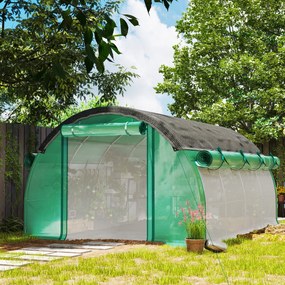 polytunelový skleník 4 x 3 x 2 m s ochrannou sítí proti slunci, rolovací boční stěny, plastový kryt, ocelový rám, zelený