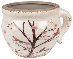 Béžový keramický obal na květináč s keři, šípky a ptáčky Satin s uchem – 17x14x12 cm