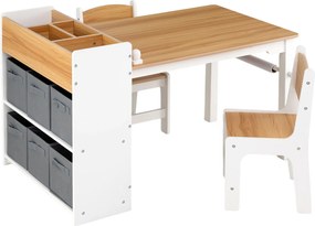 Costway Dětský dřevěný stůl Dětská sedací souprava s 2 židlí 4 přihrádkami 6