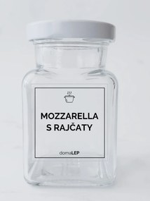 Samolepka na kořenky MOZZARELLA S RAJČATY průhledná 5 × 5 cm tučné písmo