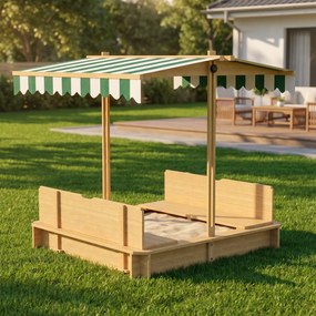 Dětský dřevěný pískoviště Outsunny s nastavitelným slunečníkem, 2 lavičkami a odnímatelnými opěrkami pro zahradu 106x106x115 cm Přírodní dřevo s zele…