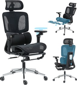 Ergonomická kancelářská židle, pracovní židle s nastavitelnou bederní a hlavovou opěrkou, 6D sklopnými područkami, podnožkou, síťovinou, černá