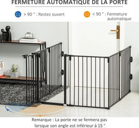 PawHut Bezpečnostní Bariera na Krb Modrý Ochranný Oplocení pro Domácí Zvířata Modulární Skládací 6 Panelů s Dveřmi Bez Vrtání 362,5 x 76 cm Černá