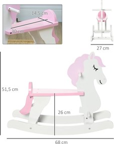 HOMCOM Houpací Kůň pro Děti 1-3 Roční Houpací Dřevěný Kůň s Řídítky a Pedály Nosnost 50 kg 68x27x46,5 cm Bílá a Růžová