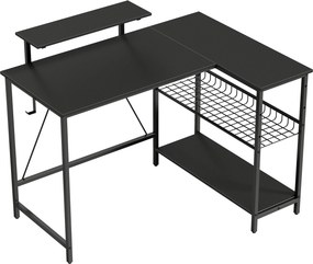 HOMCOM oboustranný L-herní stůl s podstavcem na monitor a nastavitelnou síťovanou policí, 114,5 × 82 × 91,5 cm, černý s karbonovým vzorem