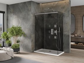 Mexen Omega, sprchový kout s posuvnými dveřmi 130 (dveře) x 70 (stěna) cm, 8mm šedé sklo, chromový profil + slim sprchová vanička bílá + chromový sifon, 825-130-070-01-40-4010