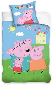 Carbotex Dětské povlečení do postýlky PRASÁTKO PEPINA (PEPPA) RODINNÁ ZÁBAVA, modro-zelené, bavlna hladká, 100x135cm + 40x60cm