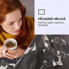 Klarstein Dr. Watson XXL, výhřevná deka, 120 W, 200 x 180 cm, coral fleece, antracitová, zvířecí motiv