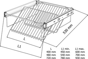 In-Design Stojan na boty plný výsuv stříbrná Šířka koše (mm): 400 mm, Minimální nastavitelná šířka: 450 mm, Maximální nastavitelná šířka: 600 mm