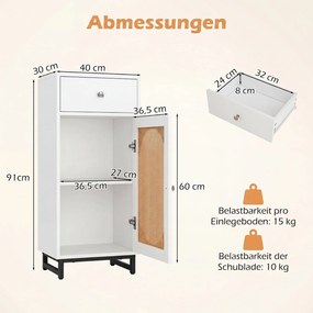 Costway Ratanový noční stolek s dvířky a zásuvkou Boho s – 40 × 30 × 91 cm