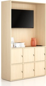 Kancelářská skříň FRAME, 6x dveře, prostor pro TV, 1299 x 450 x 2162 mm, cylindrický zámek, bříza