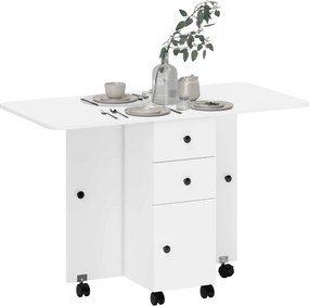 Skládací jídelní stůl HOMCOM s kolečky, skládacími křídlovými deskami, šuplíky a skříňkou pro 4-6 osob 120x60x76,5 cm Bílý | Aosom
