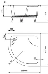 Deante Deep, čtvrtkruhová akrylátová vanička s montážní soupravou pod vaničku 90x90x41 cm, hloubka 28cm, bílá, KTD_041B