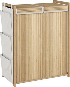 HOMCOM bambusový koš na prádlo 120 l s víkem, 2 přihrádky, snímatelné vaky, boční kapsy, 63 × 33 × 78 cm | Aosom