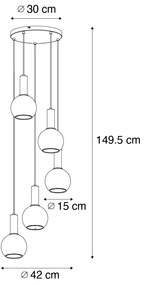 Závěsné svítidlo Art Deco černé s kouřovým sklem kulaté 5-světlo - Josje