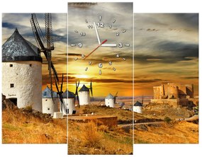 Gario Obraz s hodinami Větrné mlýny ve Španělsku - 3 dílný Rozměry: 100 x 70 cm