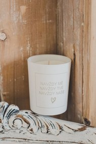 Love Inc. Bílá svíčka Navždy mé, navždy tvé, navždy naše - fíky a růže, bílá barva, sklo, dřevo, vosk