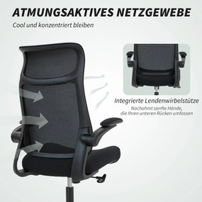 HOMCOM Ergonomická kancelářská židle se 3D opěrkami rukou, síťovaným opěradlem, S-formovaným opěradlem, opěrkou hlavy, funkcí naklápění, černá