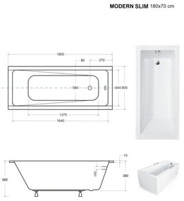 BESCO Obdélníková vana MODERN SLIM Nožičky k vaně - S nožičkami, Rozměr vany - 180 × 80 cm - VANMOD18SLIM+OLVPINOZSTELWD