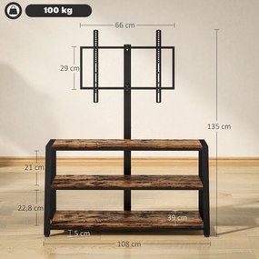 HOMCOM TV nábytek s držákem pro televizory od 81,3–177,8 cm, otevřené police, nastavitelný úhel 35°, 108x41x135 cm, hnědý