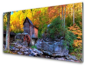 Obraz na skle Vodní Mlýn Podzimní Les 100x50 cm