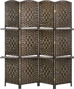 HOMCOM Paravan 4 Panely 160 x 170 cm s 2 Policemi, Skládací, Borovicové Dřevo pro Kancelář, Obývací Pokoj, Ložnici, Hnědý
