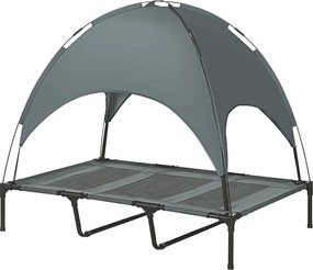 PawHut Elevované Psí Lůžko s Přístřeškem, Psí Postel, Venkovní Psí Lounge s Krytem, Prodyšné, Taftová Tkanina pro Kempování Šedá 122 x 92 x 108 cm | A