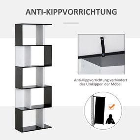 HOMCOM 5-patrová knihovna ve tvaru S, moderní design pro obývací pokoj a kancelář 60x24x184,5 cm Černá a bílá