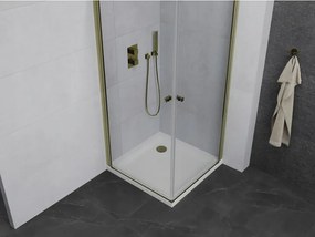 Mexen Pretoria Duo, sprchový kout se 2-křídlými dveřmi 70 (dveře) x 70 (dveře) cm, 6mm čiré sklo, zlatý profil + sprchová vanička, 852-070-070-50-02-4010G