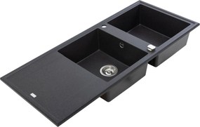 Laveo Megalo, 2-komorový granitový dřez 1160x500x185 mm s dlouhým odkapávačem, černá, LAV-SBE_721T