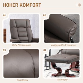 Křeslo HOMCOM s podnožkou, otáčecí TV křeslo s funkcí recliner, dřevěný rám, nosnost do 150 kg, pro obývací pokoj, umělá kůže, hnědá