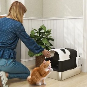 PawHut velká uzavřená XL kočičí toaleta z nerezové oceli s sklápěcím víkem, lopatkou, vůní do pytlíku, design Panda, černá