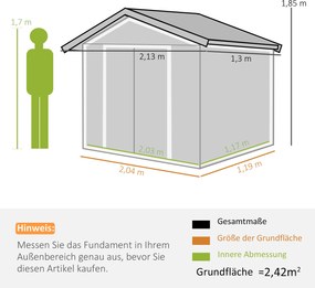 Zahradní přístřešek Outsunny s rámem podlahy a posuvnými dveřmi, odolný proti povětrnostním vlivům, ocelový, světle zelený, 213x130x185cm pro zahradu…