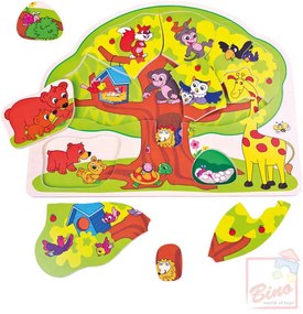 BINO DŘEVO Baby puzzle veselá zvířátka 12 dílků vkládačka strom ol88119
