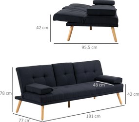 HOMCOM Rozkládací pohovka, 3místná rozkládací pohovka s skládacím stolem, držákem na nápoje, pohovka s vzhledem lnu, ve skandinávském designu, do 250…
