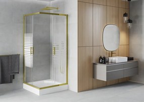 Mexen Rio, čtvercový sprchový kout s posuvnými dveřmi 90 (dveře) x 90 (dveře) x 190 cm, 5mm čiré sklo s pásky, zlatý profil + bílá sprchová vanička RIO, 860-090-090-50-20-4510