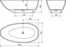 Mexen Milano, volně stojící vana z konglomerátu 150 x 82 cm, betonová matná, 57301508561