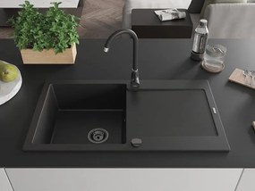 Mexen Leo granitový dřez s odkapávačem 1-komorový 900 x 500 mm, černý, černý sifon - 6501901010-77-B